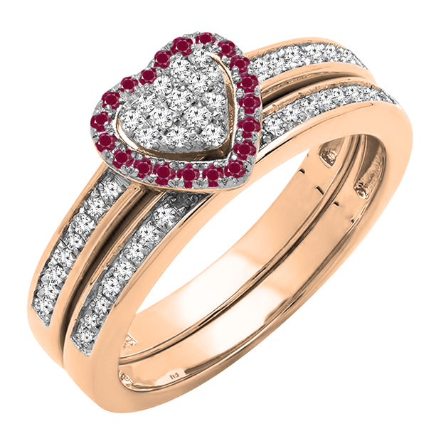 Buy 10K Rose Gold Round White Diamond & Ruby Heart Bridal Engagement ...