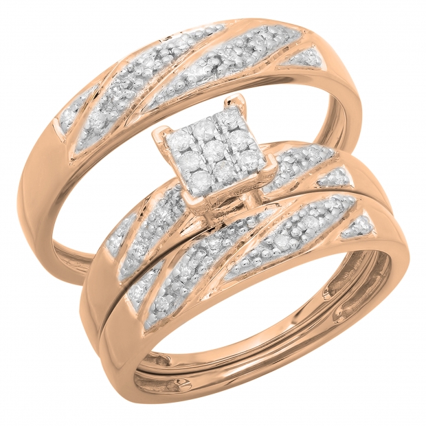 Buy Round White Diamond Square Shape Head Matching Wedding Trio Ring Set for Him Her 0.33 ctw Color I J Clarity I1 I2 in 14K Rose Gold Online at Dazzling Rock