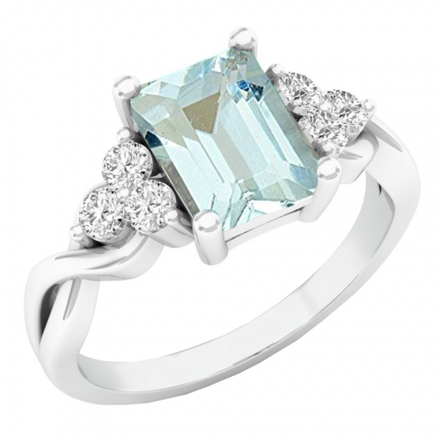 Buy Sterling Silver 8X6 MM Emerald Cut Aquamarine & Round White ...