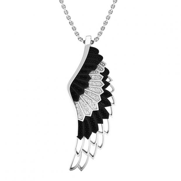 0.40 Carat ctw Sterling Silver Black and White Diamond Angel Wing Feather Pendant