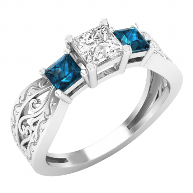 Buy 1.15 Carat (ctw) Princess White & Blue Diamond Ladies Three Stone ...
